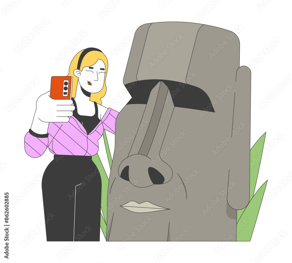 Happy blonde woman taking selfie with moai statue 2D linear cartoon ...