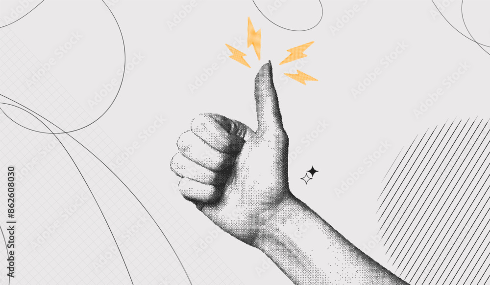 Trendy Halftone Collage female hand showing thumb up gesture. Stipple ...
