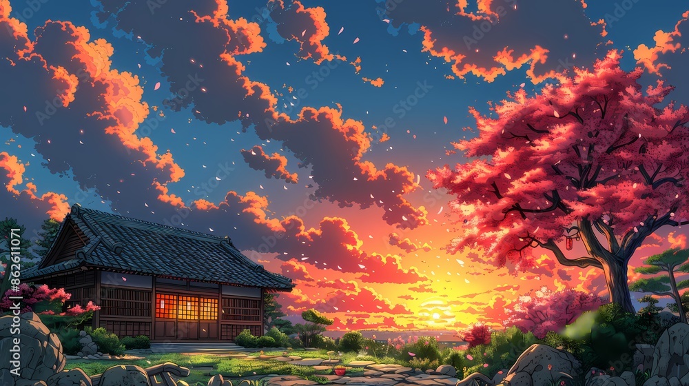 flat anime illustration, anime illustration, A traditional Japanese ...