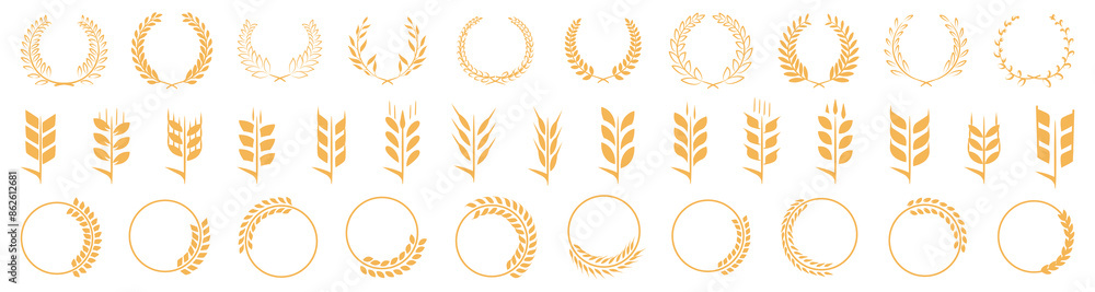 Wheat ear wreath, ear and circle frame collection. Set of golden wheat ...