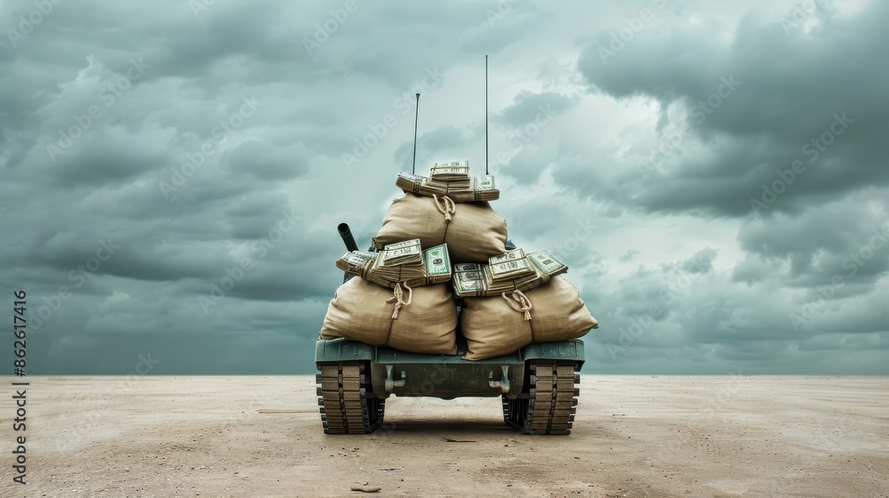 Military tank loaded with sandbags on a barren landscape under a ...