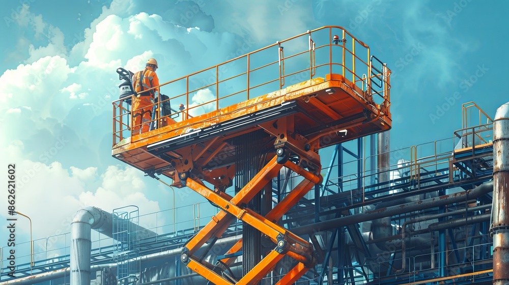 Hydraulic scissor lift platform ascending toward the roof of a factory ...