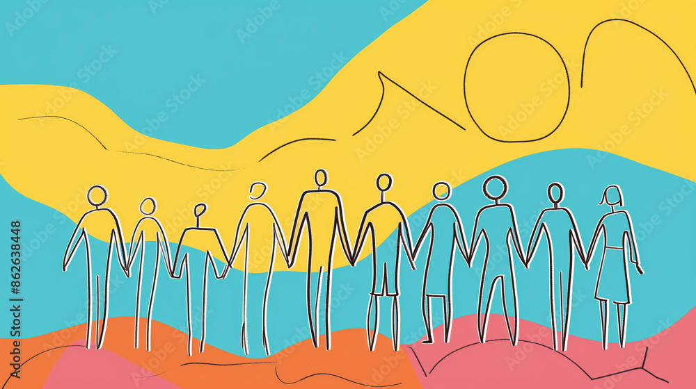 Simple line drawing depicting diverse people holding hands in unity ...