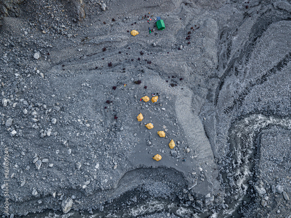 Aerial view of camp site in Mustang, high altitude tents and rocky ...