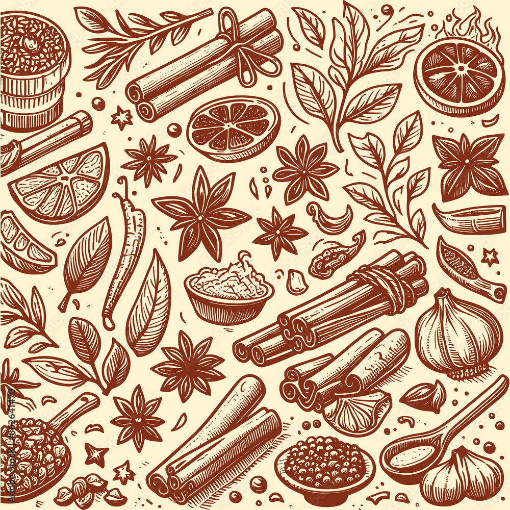 Vintage color. Large set of objects for food recipes. Herbs and Spices ...