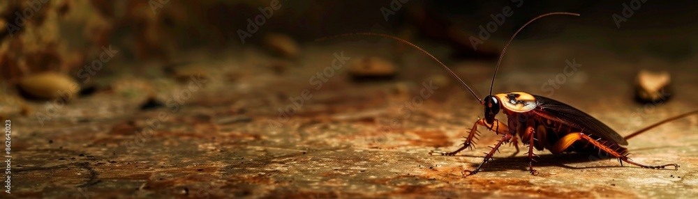 Creepy Cockroach: Panoramic View of Insect Scuttling on Dark and Moody ...