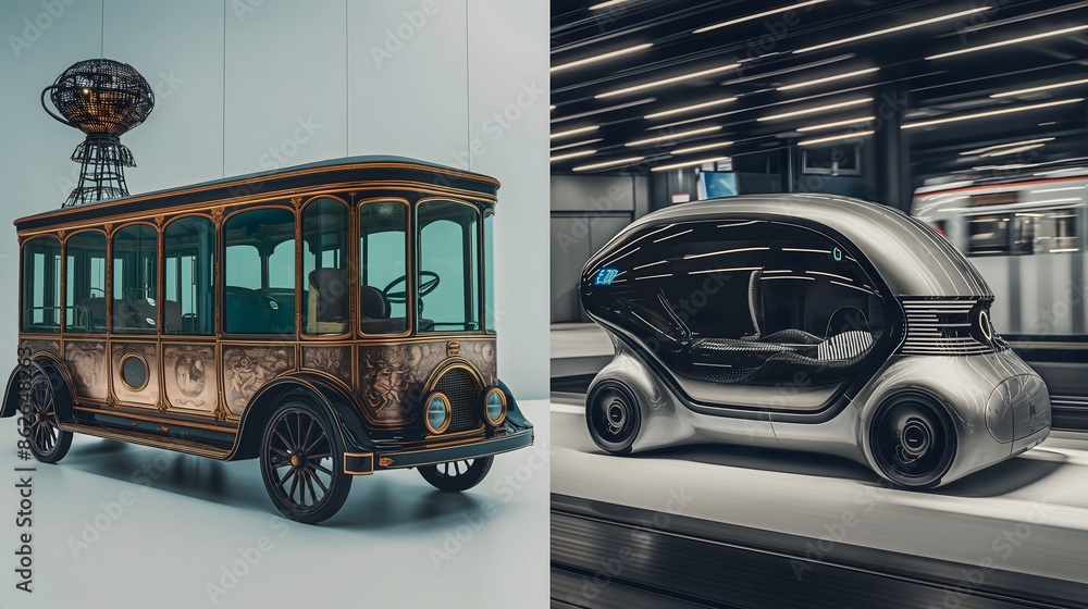 3. A split-screen image featuring an old-fashioned transportation ...