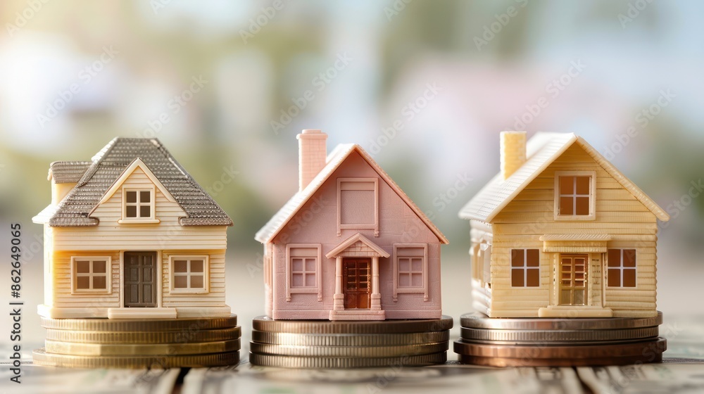 Three small houses are stacked on top of each other with coins on the ...