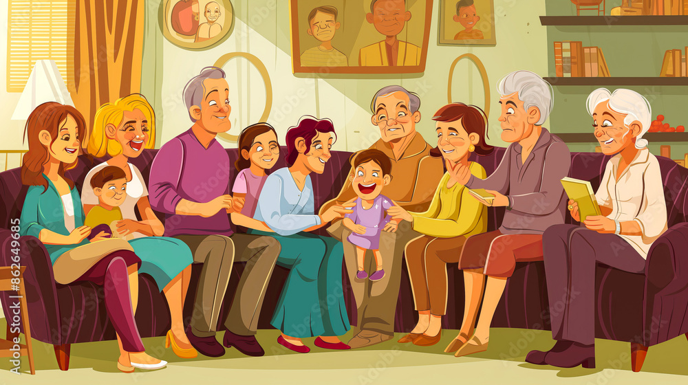Illustrated scene of cartoon family members from various generations ...