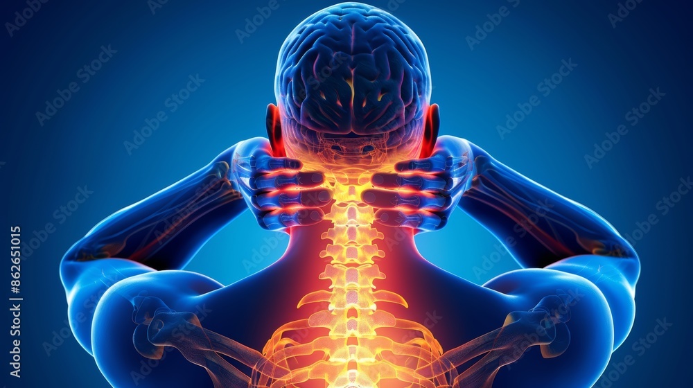 A 3D medical illustration of a human figure with a highlighted spine ...