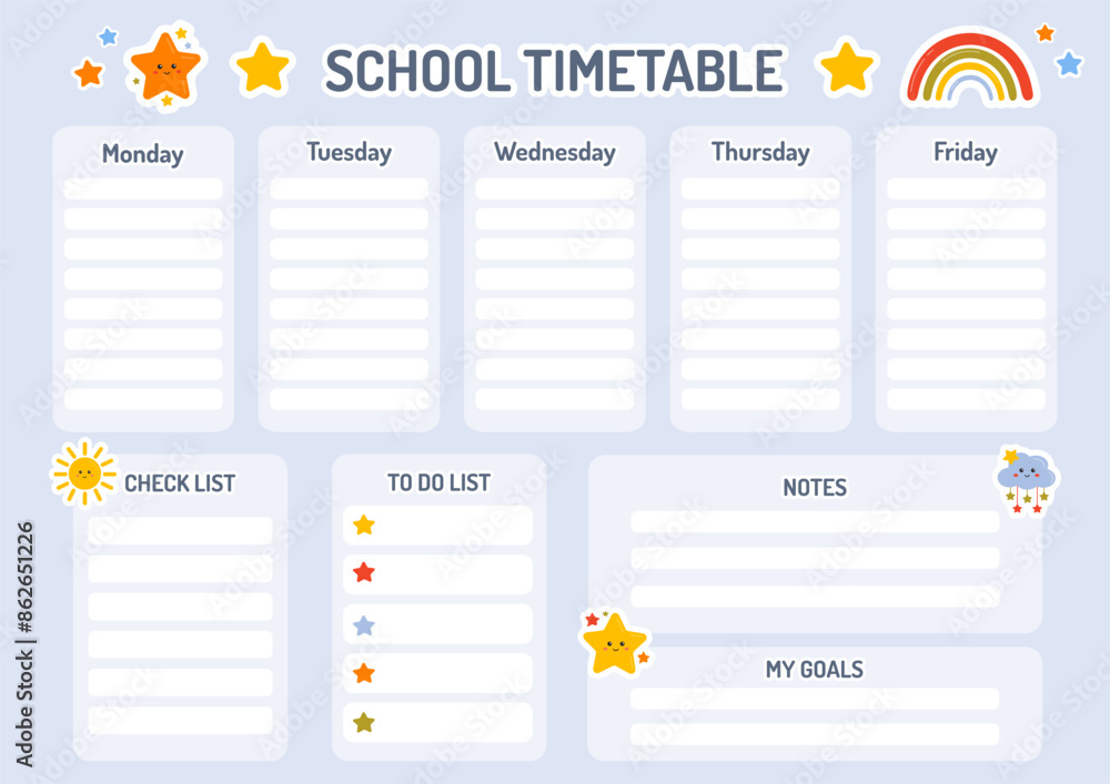 School timetable for kids, weekly planner, printable school schedule ...
