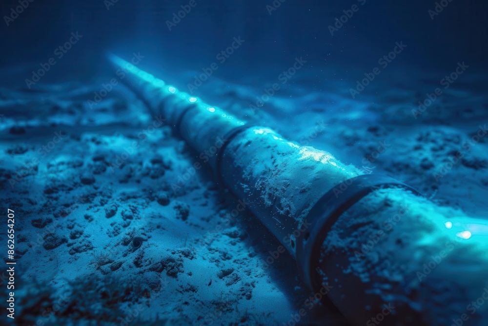 underwater fiber optic cable on ocean floor glowing with data ...
