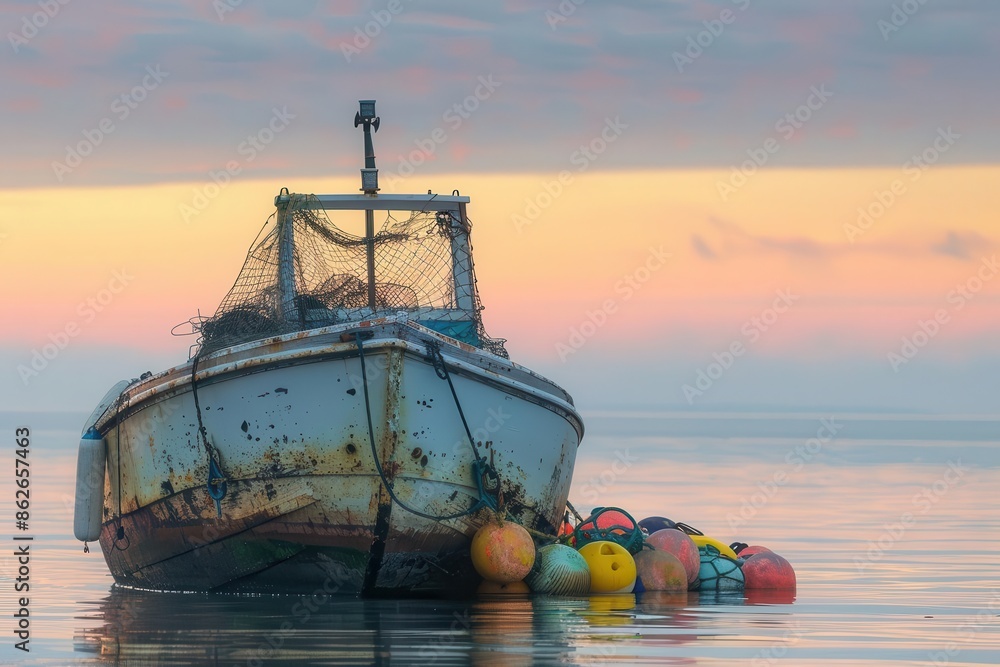 weathered lobster boat at dawn silhouetted against a pastel sky ...
