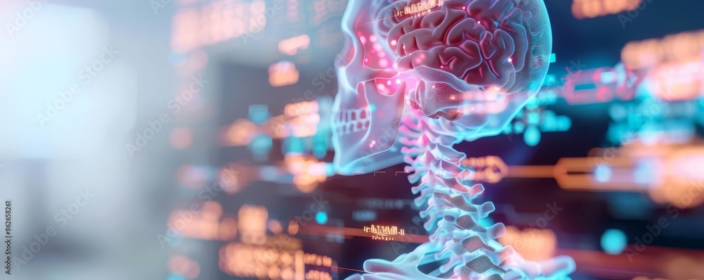 Advanced bone density scanner, cyberpunk, blue and purple, 3D rendering ...