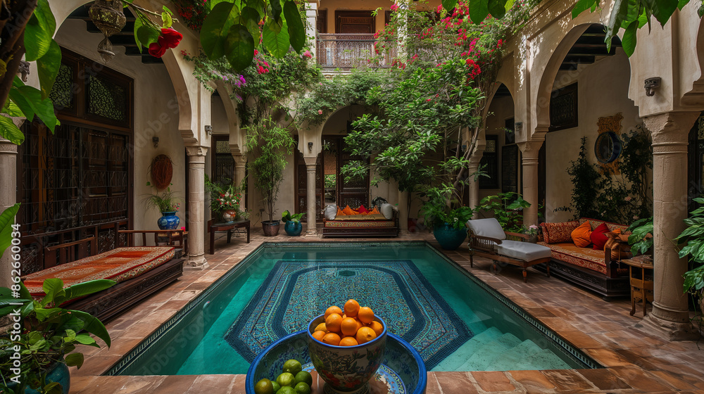 Typical Moroccan Riad House with Pool and Abundant Plants Inside ...