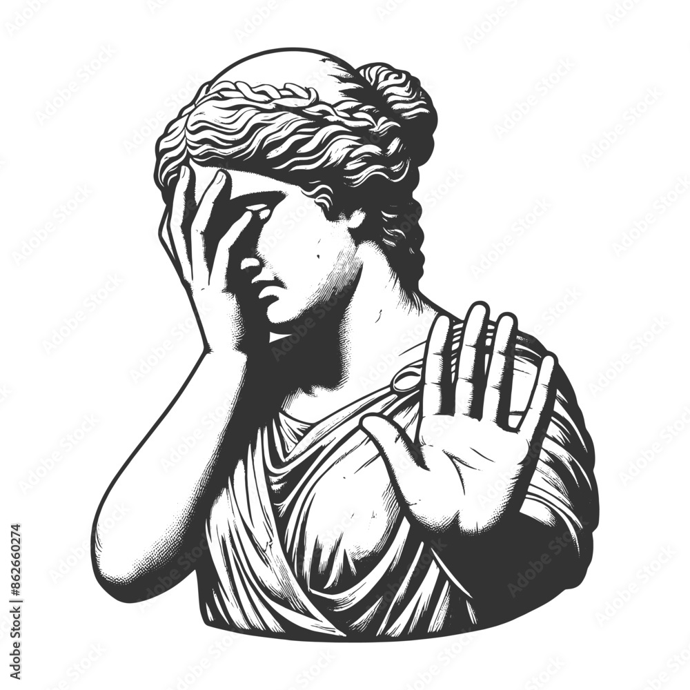 classical statue making a facepalm gesture, ancient art with modern ...