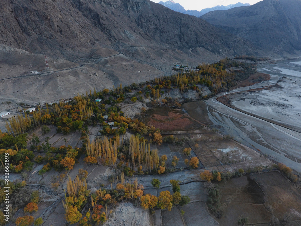 Aerial view of majestic Himalayan mountains and serene valley with ...