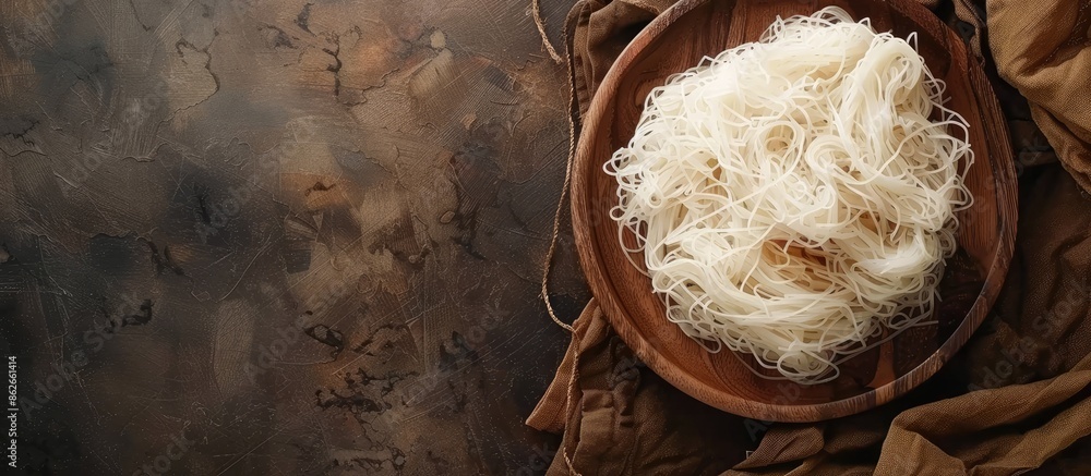 Wooden plate with Asian rice noodle Pho, showing dried noodles, with ...