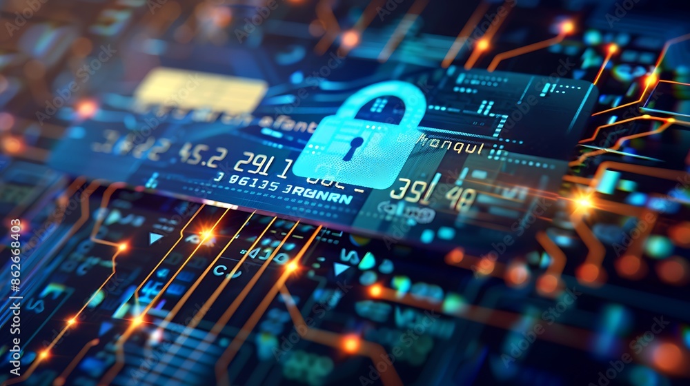 An illustration of a digital lock icon alongside a credit card ...