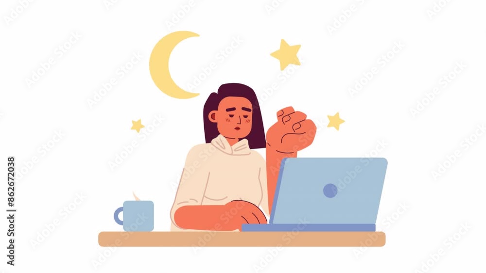 Freelancer woman falling asleep at work cartoon animation. No fixed ...