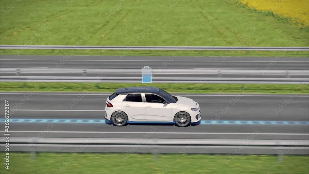 Generic autonomous electric car charges while driving along highway ...