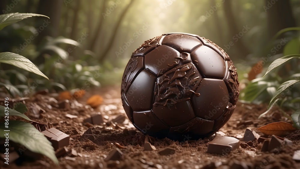 World chocolate day, chocolate soccer ball in a magical forest with ...