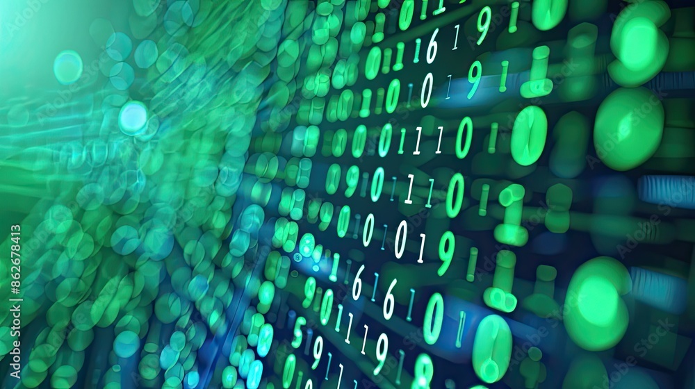 Green digital data on computer screen background Matrix style ...