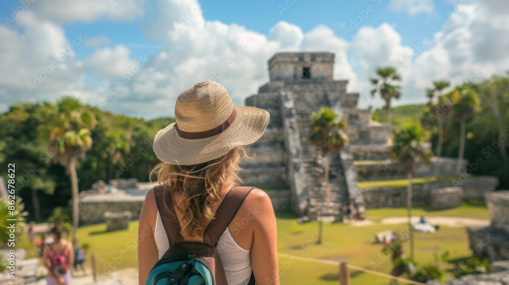 Foto de Woman tourist enjoying the view Pre-Columbian Mayan walled city ...