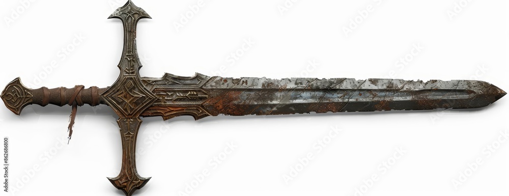 Worms-eye perspective, antique medieval foil sword with tarnished ...