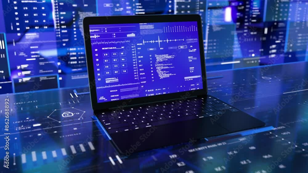 Laptop Info data HUD desk 3D technological display server room ...