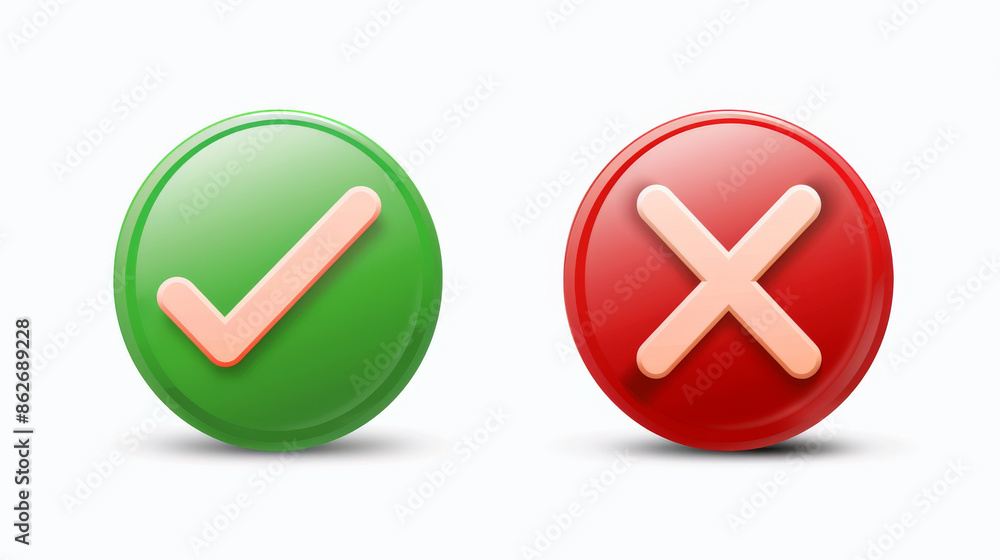 Green checkmark and red X icons. Isolated on white background. Simple ...