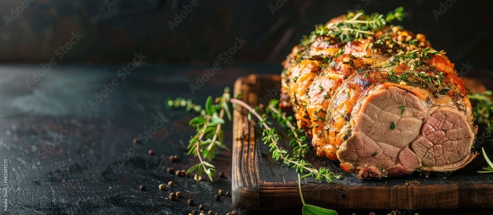 Oven-roasted pork joint garnished with thyme and sage, ready to serve ...