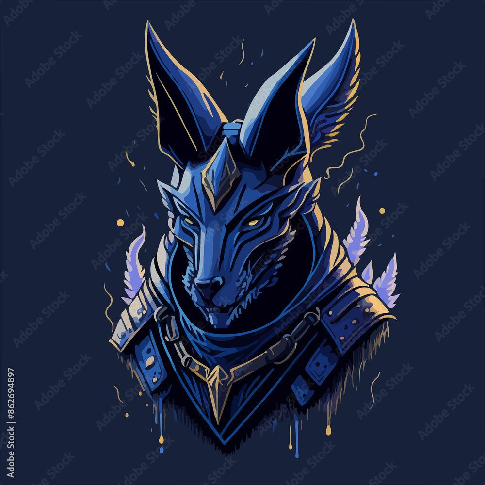 Anubis, the Egyptian god of the underworld, stands tall with a jackal ...