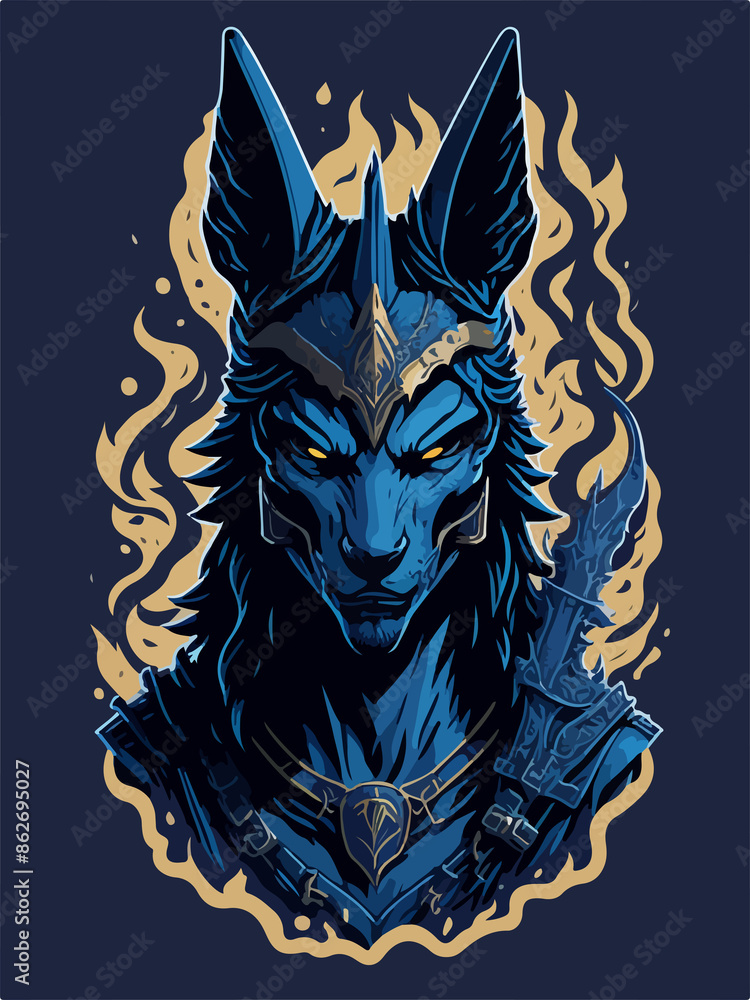 Anubis, the Egyptian god of the underworld, stands tall with a jackal ...