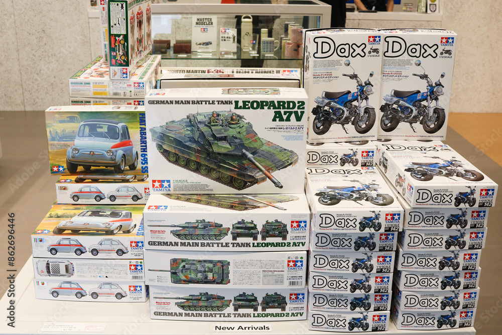 TOKYO, JAPAN - June 23, 2024: Boxes of new Tamiya models (a Fiat ...