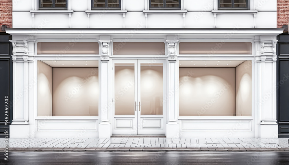 Frontal top view of the front of a modern and bright store in a ...