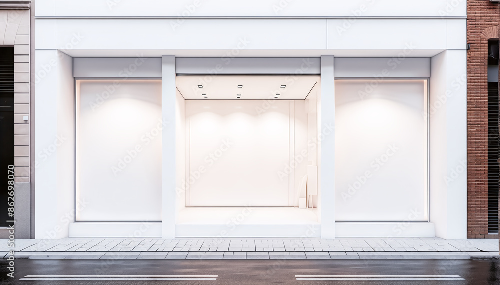 Frontal top view of the front of a modern and bright store in a ...