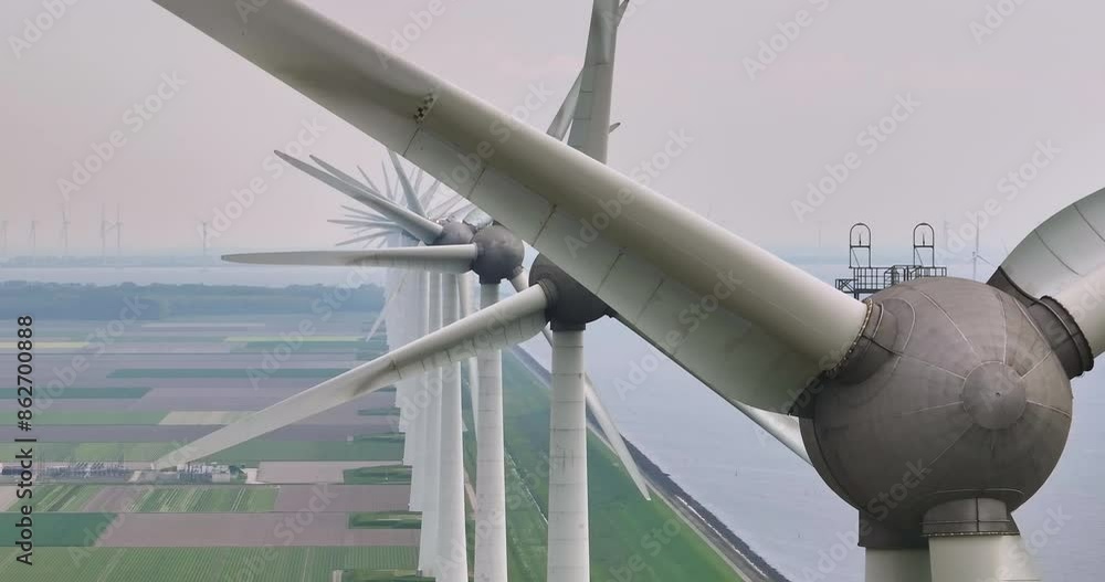Offshore wind turbines farm on the ocean. Sustainable energy production ...
