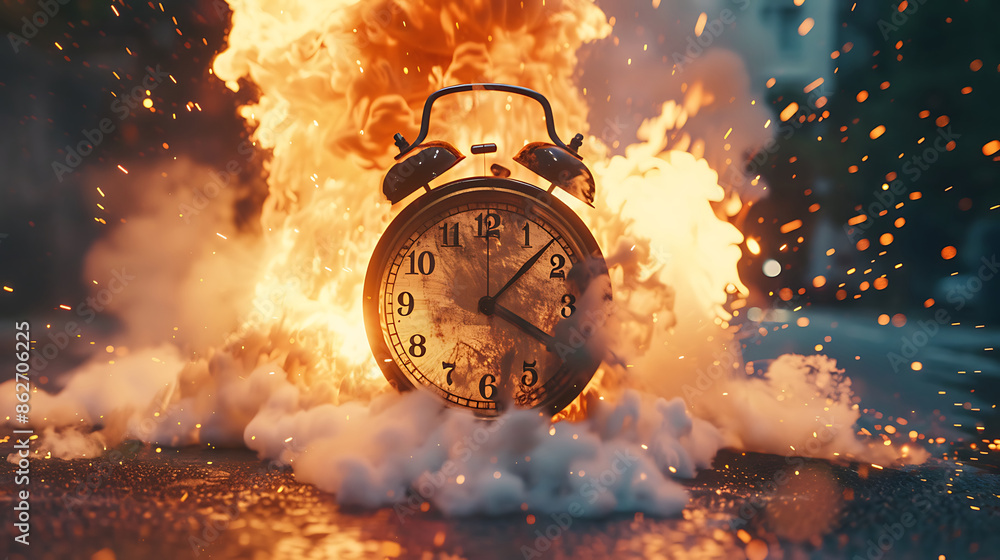 Running after time, alarm clock burning in fire, exploding rush hour ...