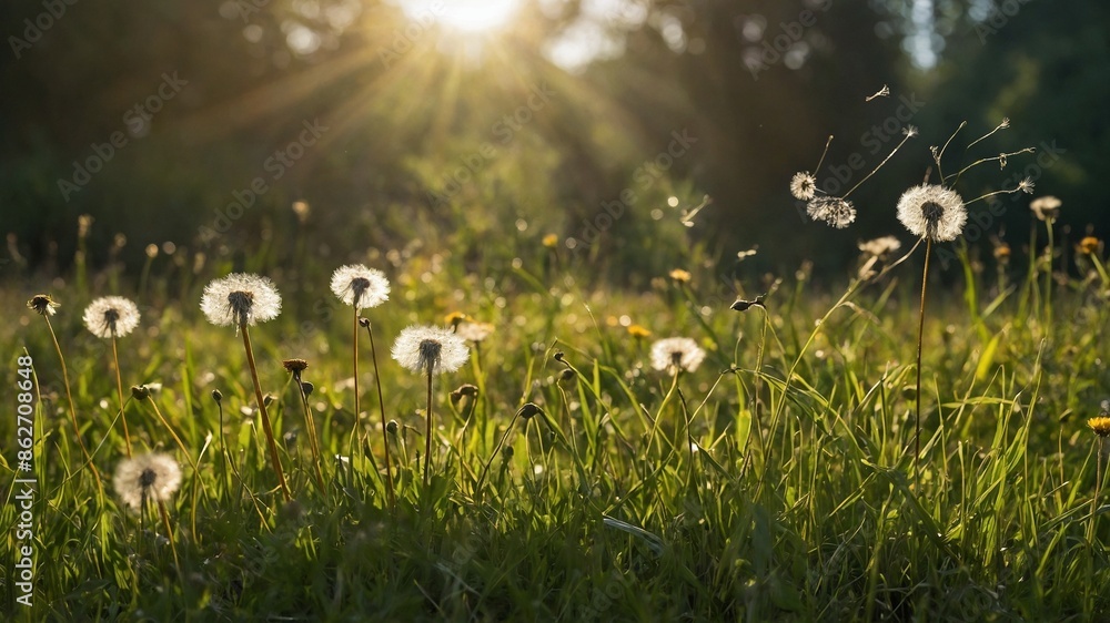 Sunlight filters through trees, illuminating field of dandelions in ...
