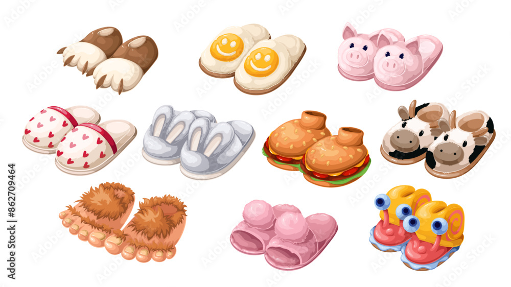 Cute slippers set, cartoon home footwear for adults and kids. Funny ...