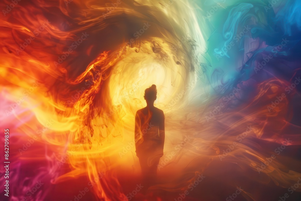 ethereal human silhouette radiating vibrant energy field swirling ...
