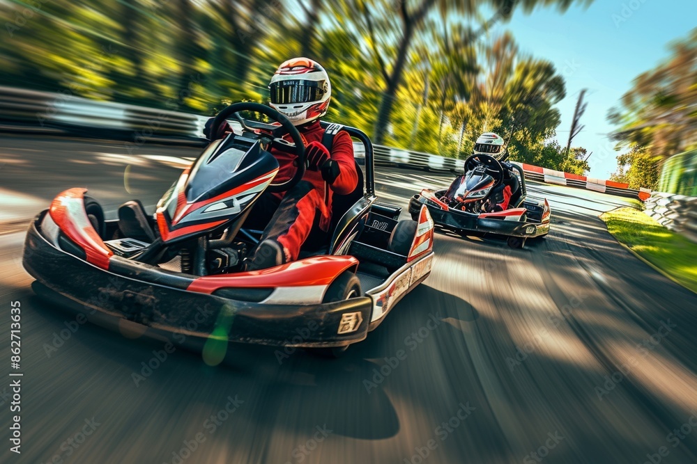 An action-packed image of two rival go-karts battling for position as ...