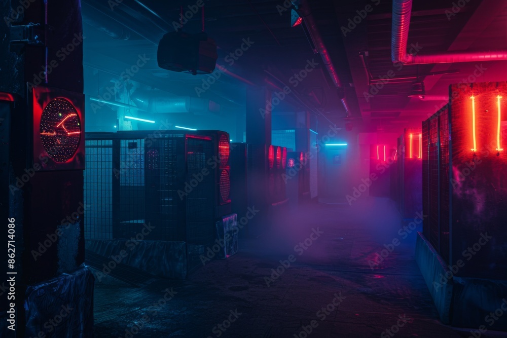 An atmospheric scene of a laser tag arena at night, featuring glowing ...