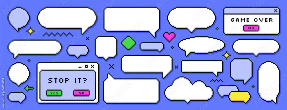Set of pixel dialogue boxes different shapes on blue background. Chat ...