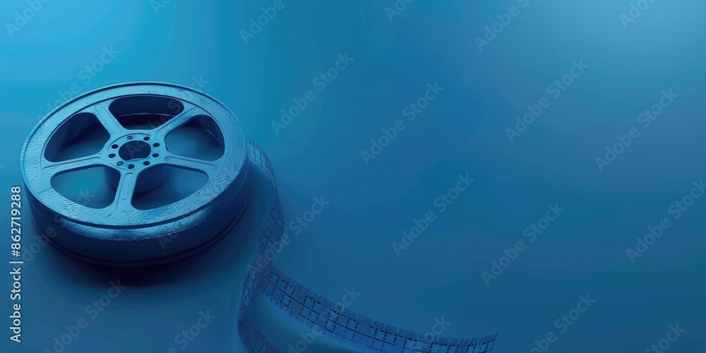 A blue background with a film reel on it. The film reel is a symbol of ...