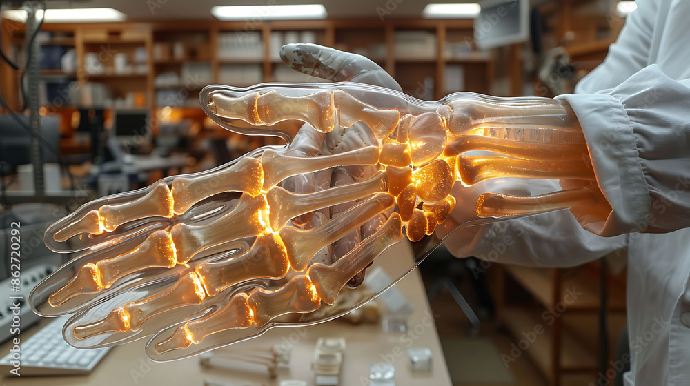 Medical doctor in gloves and a lab coat holding a glowing wooden ...