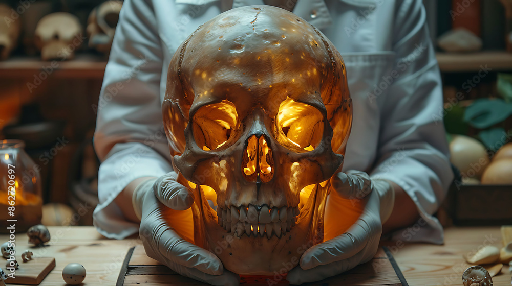 Medical doctor in gloves and a white coat holding a glowing wooden ...