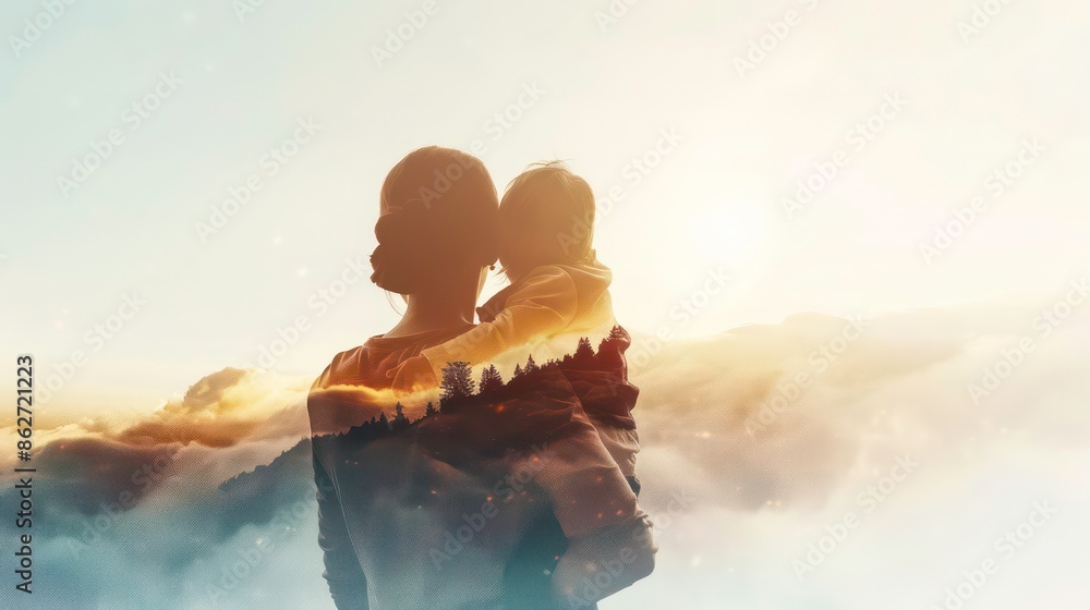 Motherhood concept image with mother carrying her child letting see a ...