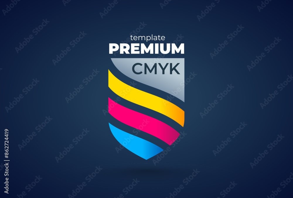 Logo Printing theme CMYK color. Shield and streaks. Template design ...